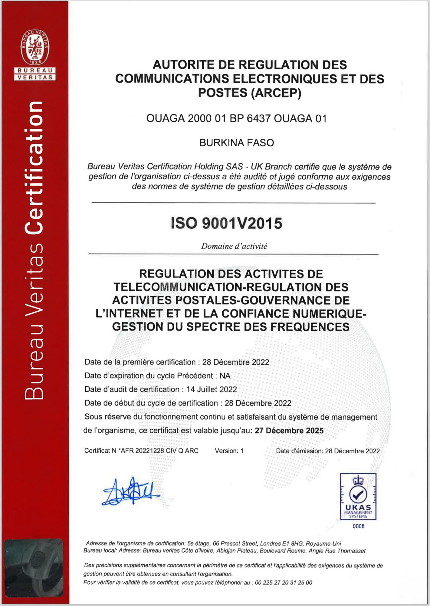 Certificat ISO 9001V2015 - ARCEP